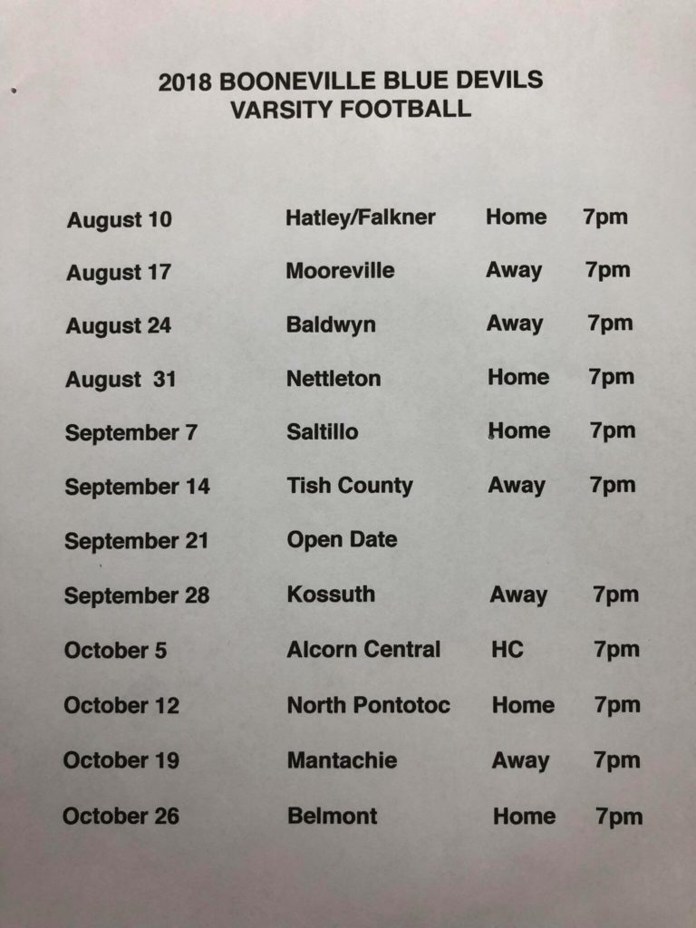 Booneville release 2018 football schedule - Prentiss County Sports